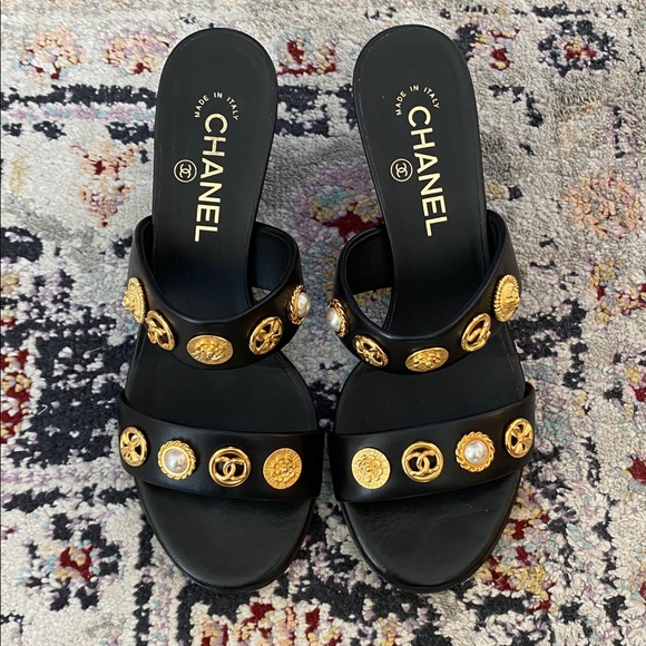 CHANEL | Shoes | Chanel Black Leather Block Sandals With Gold Coins ...
